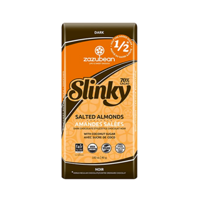 Zazubean Organic Slinky Salted Almonds Dark Chocolate Bar – Sweet Cherubim